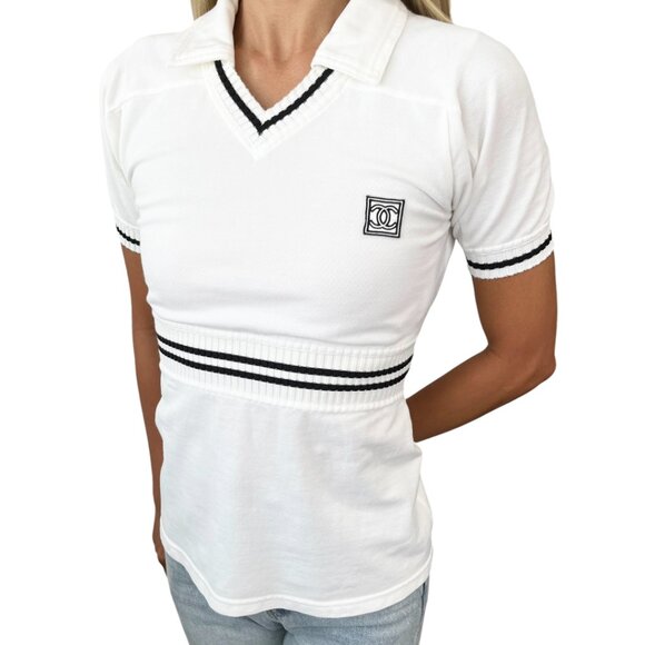 CHANEL | Tops | Chanel Sport Vintage 4s Cc Logo Polo Tunic 34 Top White Black 03696 | Poshmark